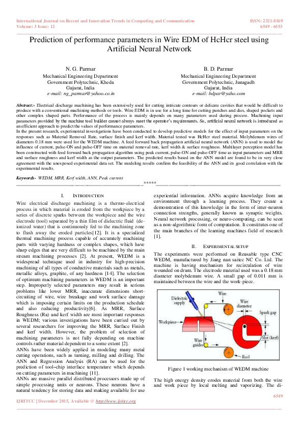Pdf Prediction Of Performance Parameters In Wire Edm Of Hchcr Steel Using Artificial Neural