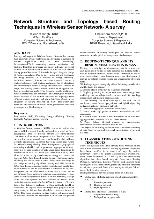 (PDF) Network Structure and Topology based Routing Techniques in Wireless Sensor Network- A survey