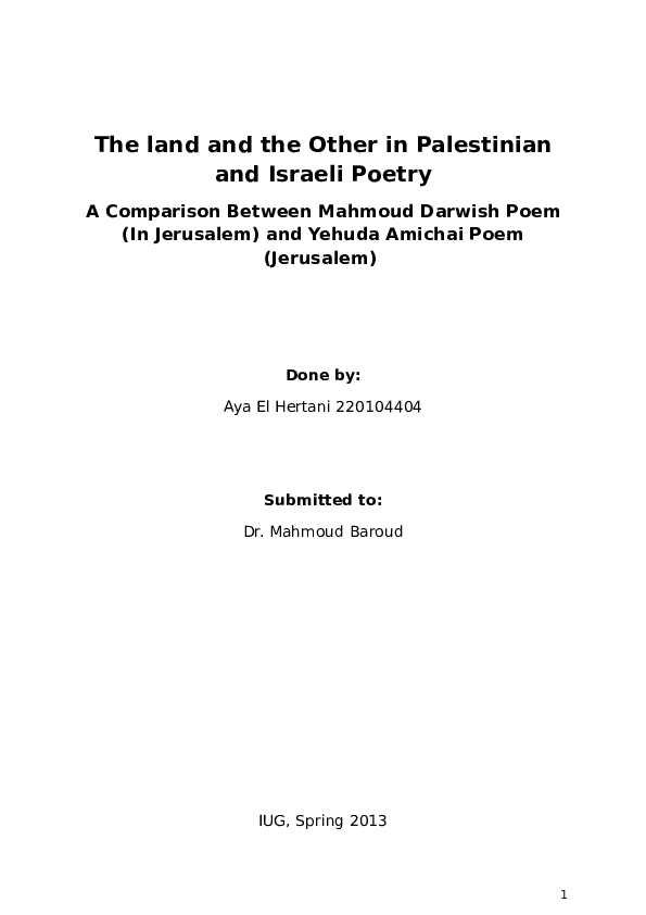 (DOC) 1 The land and the Other in Palestinian and Israeli Poetry.