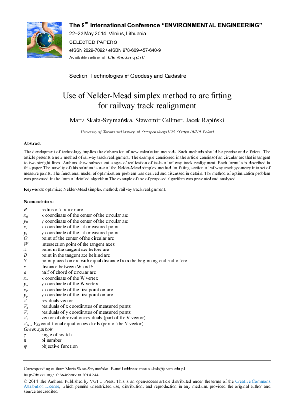 (PDF) Use of Nelder-Mead simplex method to arc fitting for railway ...