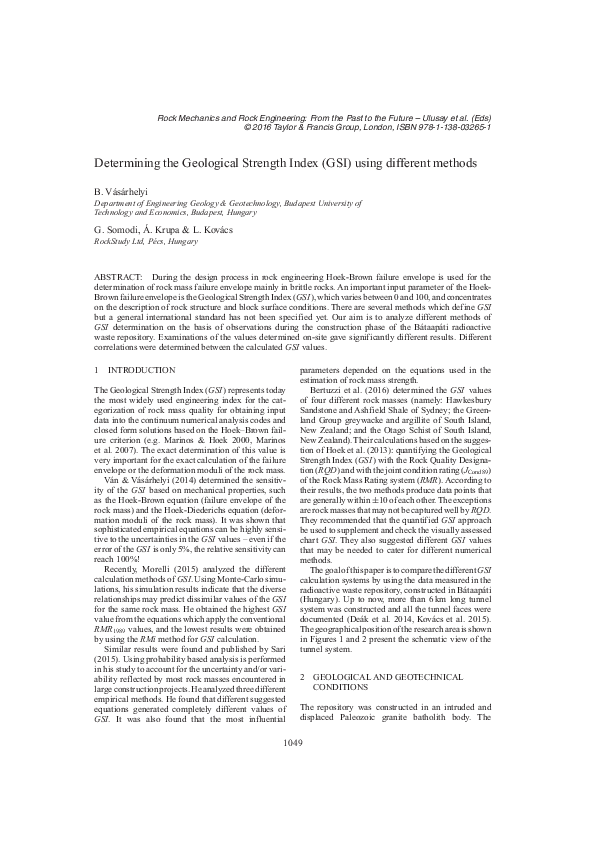 Pdf Determining The Geological Strength Index Gsi Using Different Methods