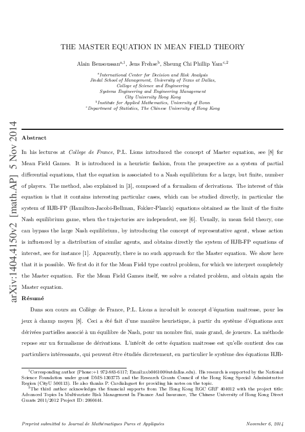 (PDF) The Master equation in mean field theory