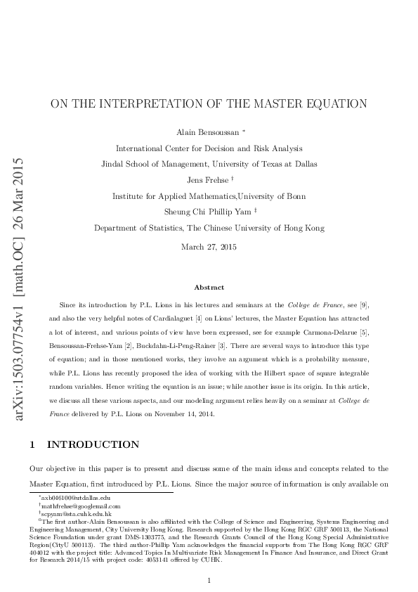 (PDF) On The Interpretation Of The Master Equation