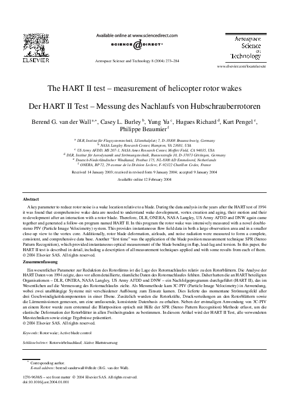 (PDF) The HART II test – measurement of helicopter rotor wakes