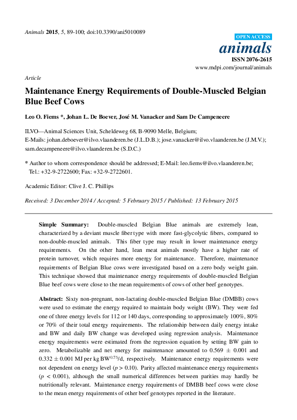 (PDF) Maintenance Energy Requirements of Double-Muscled Belgian Blue ...