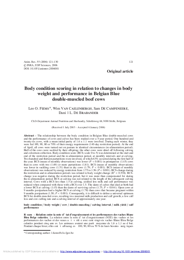 (PDF) Body condition scoring in relation to changes in body weight and ...