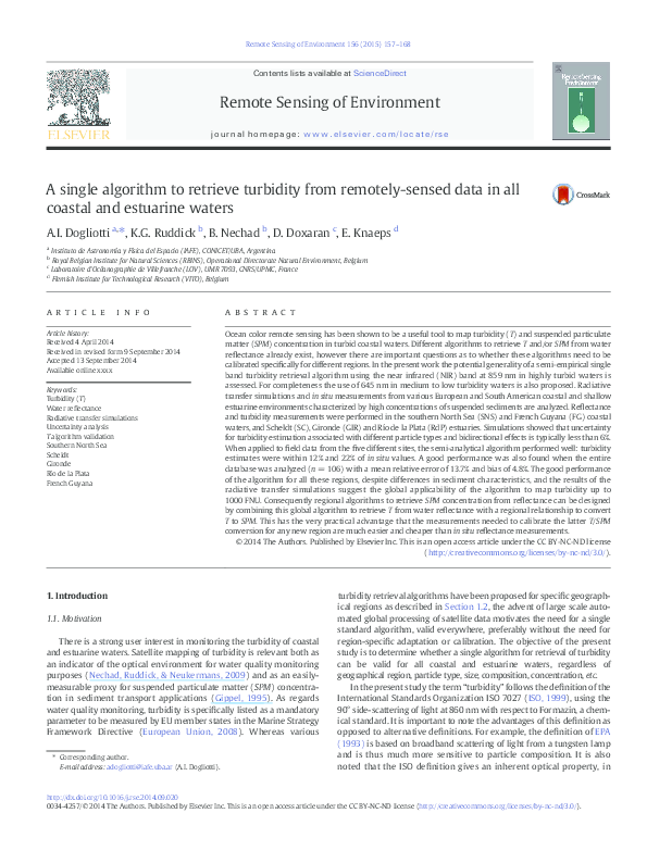 Pdf A Single Algorithm To Retrieve Turbidity From Remotely Sensed