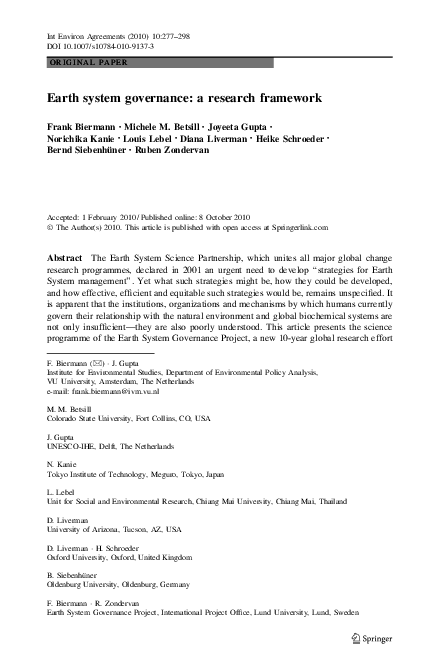 (PDF) Earth system governance: a research framework