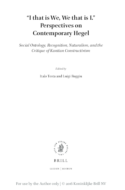 (PDF) "I that is We, We that is I." Perspectives on Contemporary Hegel ...