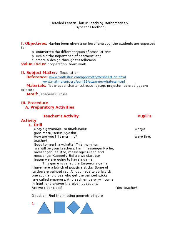 (DOC) Detailed Lesson Plan in Teaching Mathematics VI (Synectics Method