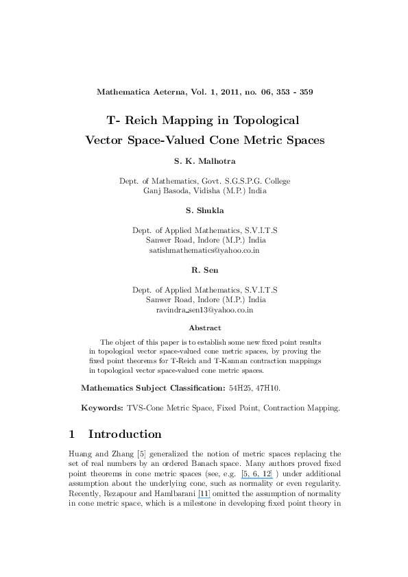(PDF) T-Reich Mapping in Topological Vector Space-Valued Cone Metric Spaces