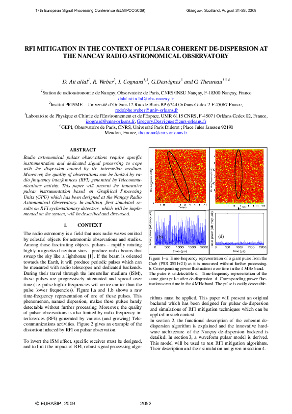 (PDF) Rfi Mitigation in the Context of Pulsar Coherent De-Dispersion at the Nancay Radio ...
