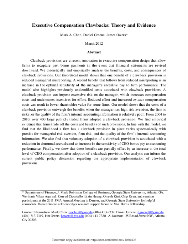 (PDF) The Costs and Benefits of CEO Clawback Provisions: Theory and ...