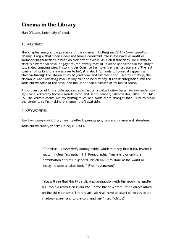 (PDF) Cinema in the Library (on Alan Hollinghurst's THE SWIMMING-POOL ...