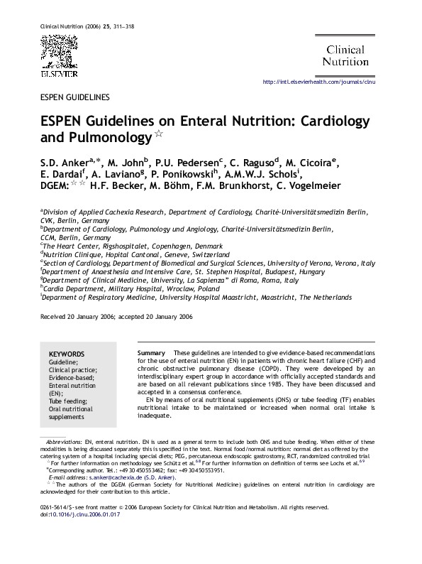 (PDF) ESPEN Guidelines on Enteral Nutrition: Cardiology and Pulmonology