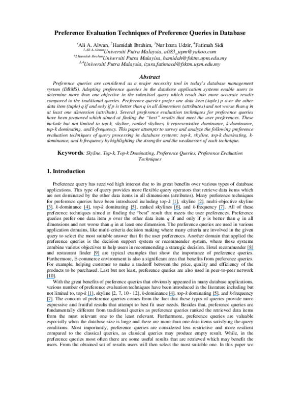 (PDF) Preference Evaluation Techniques of Preference Queries in Database