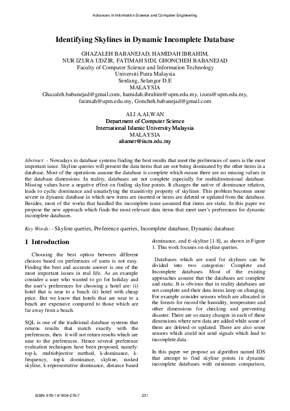 Pdf Processing Skyline Queries In Dynamic Incomplete Database