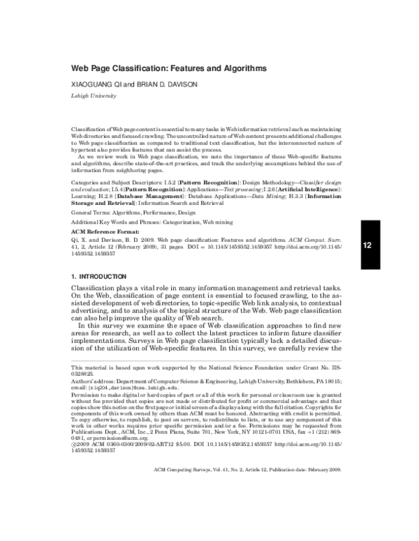 Pdf 2 Web Page Classification Features And Algorithms