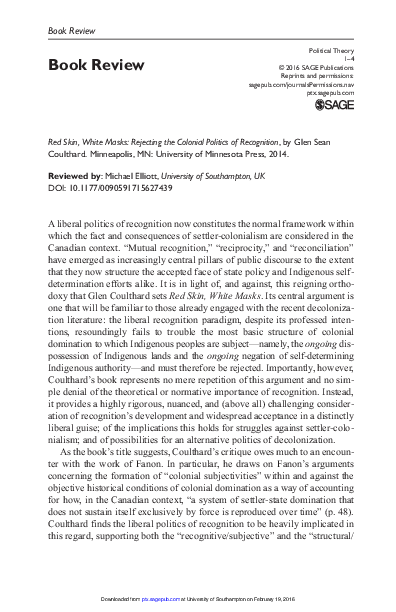 (PDF) Book Review: 'Red Skin, White Masks' by Glen Sean Coulthard