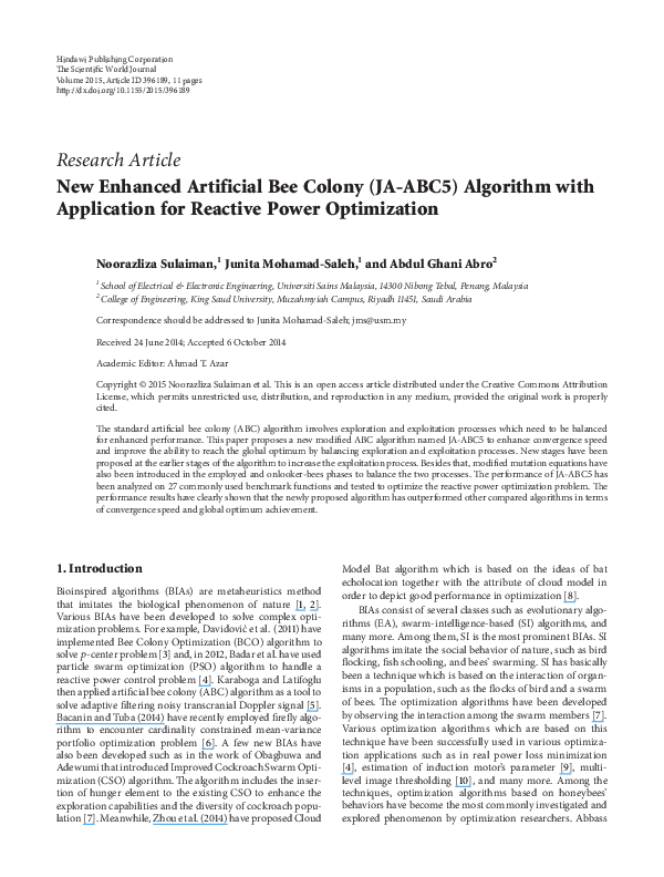 Pdf New Enhanced Artificial Bee Colony Ja Abc5 Algorithm With Application For Reactive Power