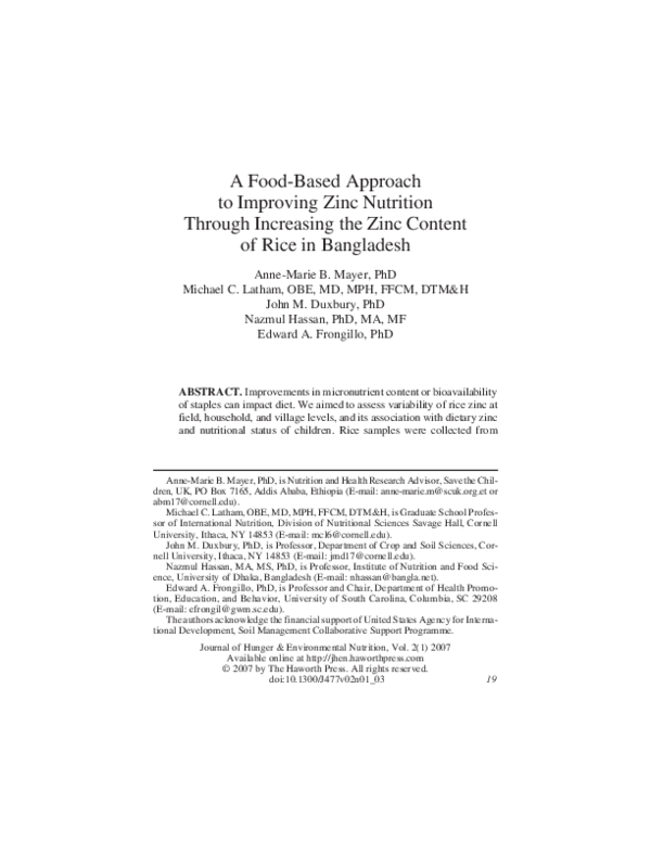 (PDF) A Food-Based Approach to Improving Zinc Nutrition Through ...