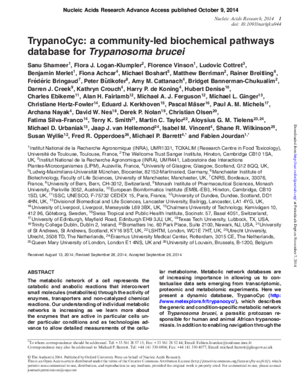 (PDF) TrypanoCyc: a community-led biochemical pathways database for Trypanosoma brucei