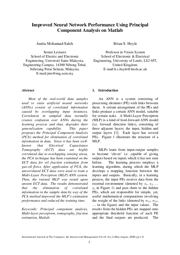 Pdf Improved Neural Network Performance Using Principal Component Analysis On Matlab