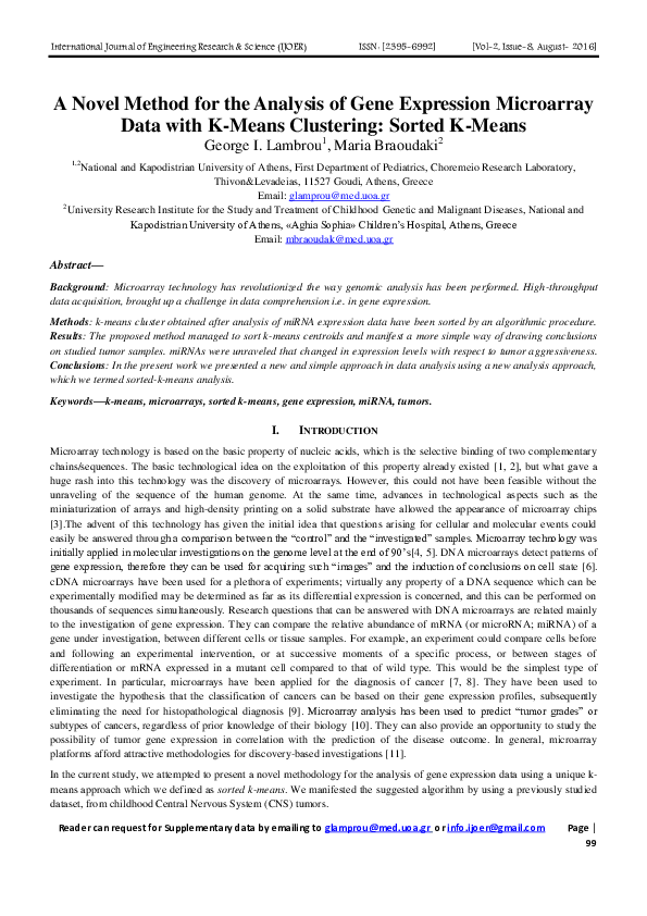 Pdf A Novel Method For The Analysis Of Gene Expression Microarray Data With K Means Clustering