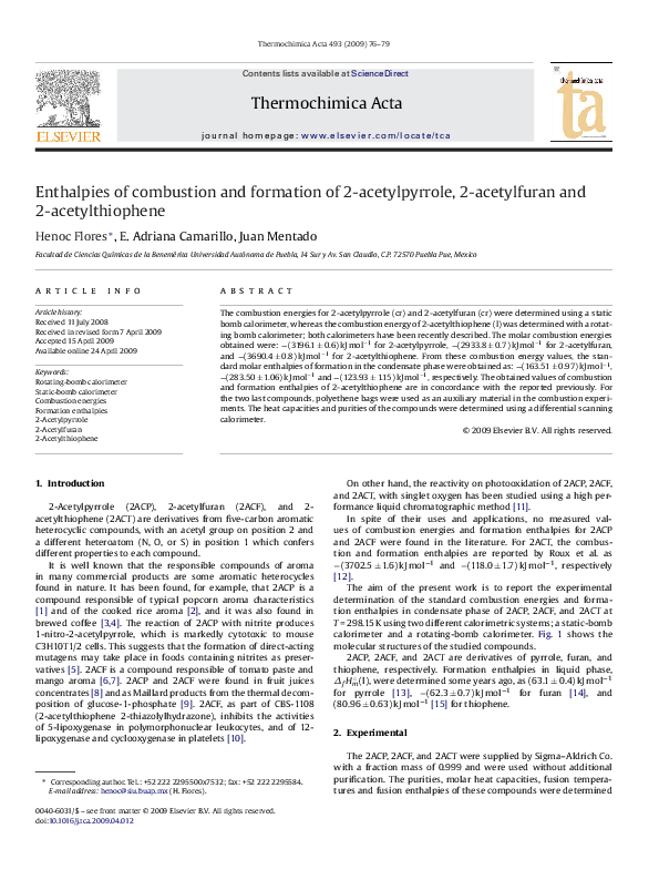 (PDF) Enthalpies of combustion and formation of 2-acetylpyrrole, 2 ...