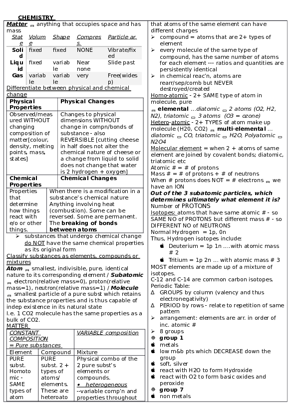 (DOC) Study Notes CHEMISTRY