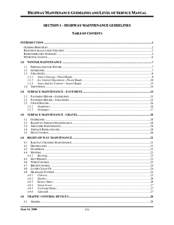 (PDF) Highway Maintenance Guidelines and Level of Service Manual