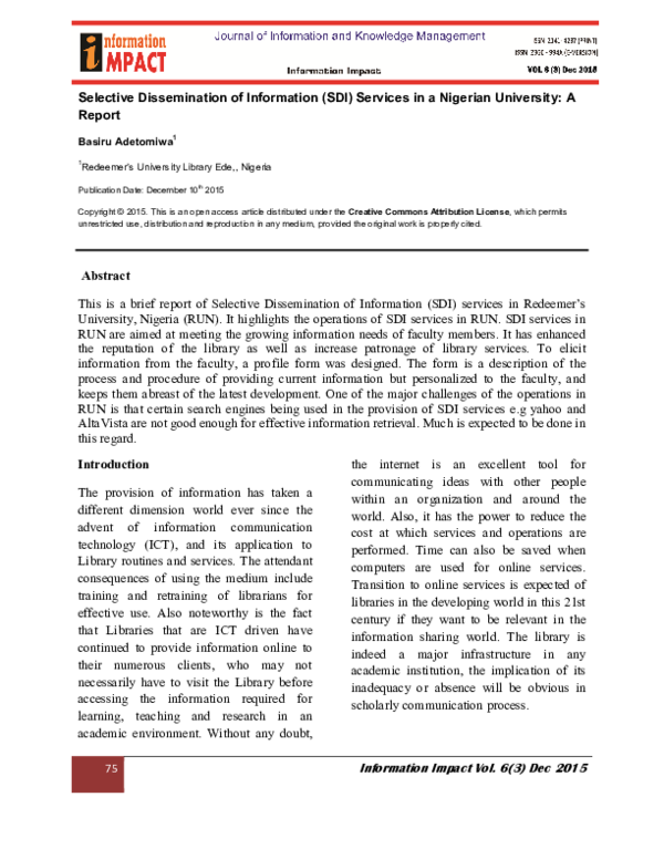 (PDF) Selective Dissemination of Information SDI Services in a Nigerian ...