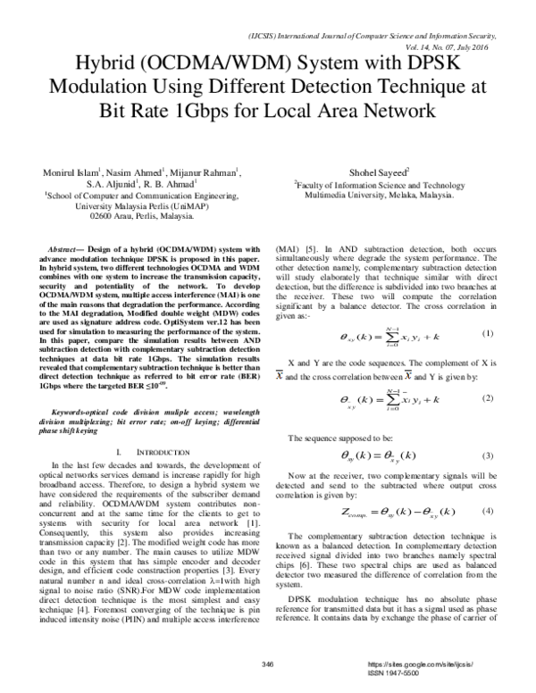 Pdf Hybrid Ocdma Wdm System With Dpsk Modulation Using Different Detection Technique At Bit