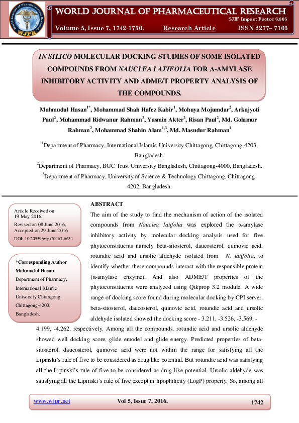 (PDF) IN SILICO MOLECULAR DOCKING STUDIES OF SOME ISOLATED COMPOUNDS FROM NAUCLEA LATIFOLIA FOR ...