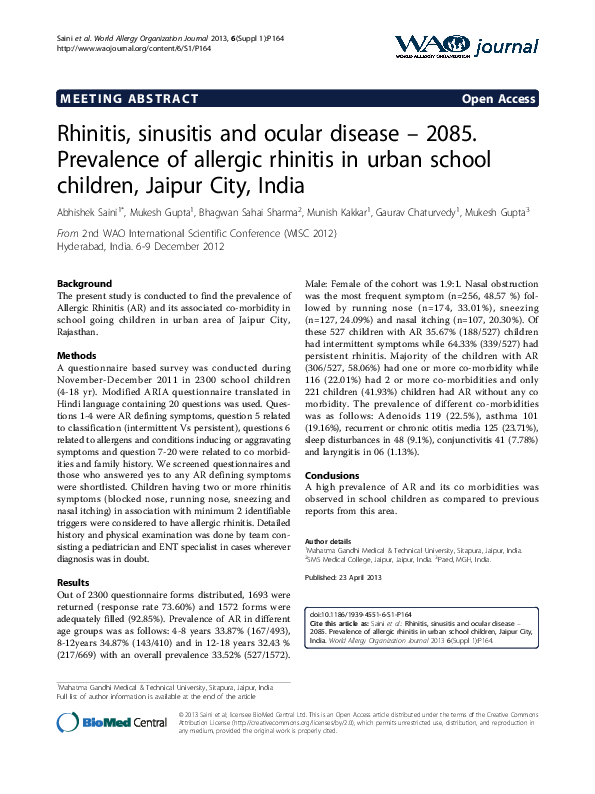 (PDF) Rhinitis, sinusitis and ocular disease – 2085. Prevalence of ...
