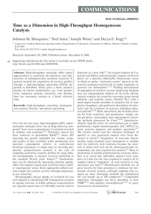 (PDF) Time as a Dimension in High-Throughput Homogeneous Catalysis