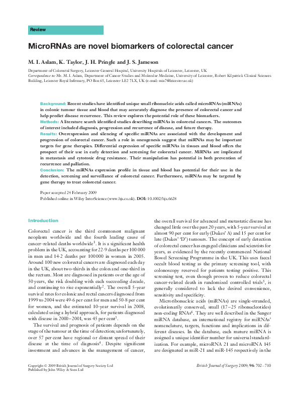 (PDF) MicroRNAs are novel biomarkers of colorectal cancer