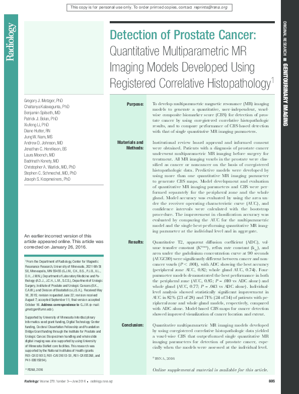 Pdf Detection Of Prostate Cancer Quantitative Multiparametric Mr