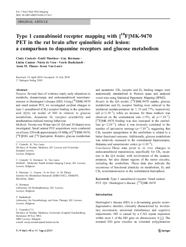 (PDF) Type 1 cannabinoid receptor mapping with [ 18 F]MK-9470 PET in the rat brain after ...