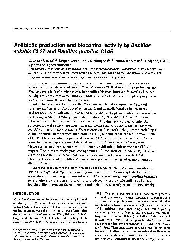 (PDF) Antibiotic production and biocontrol activity by Bacillus ...