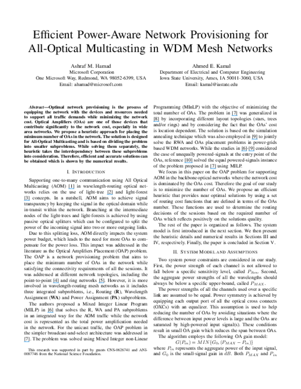 Pdf Efficient Power Aware Network Provisioning For All Optical Multicasting In Wdm Mesh Networks