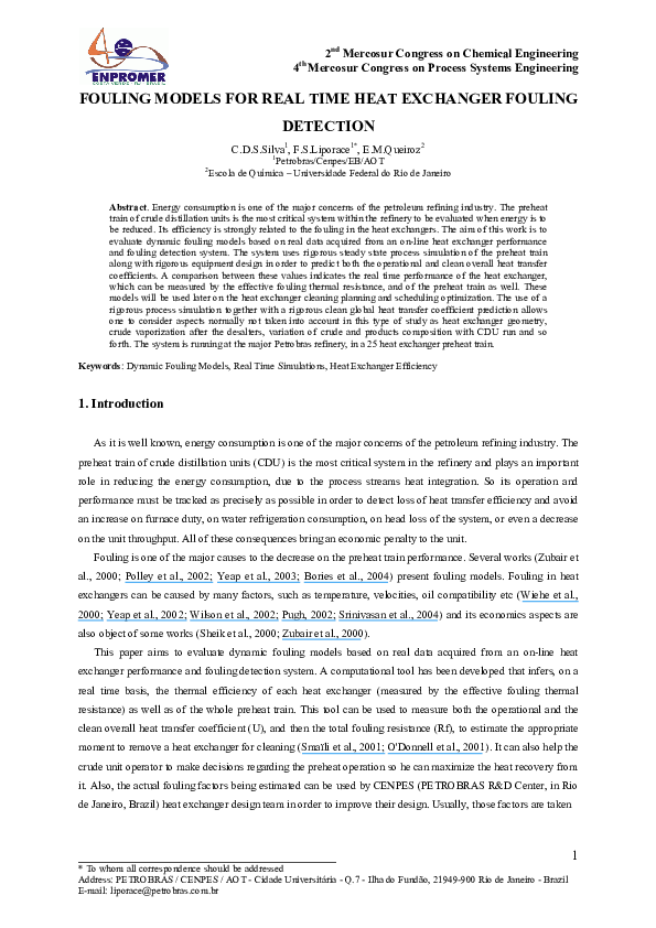 (PDF) FOULING MODELS FOR REAL TIME HEAT EXCHANGER FOULING DETECTION