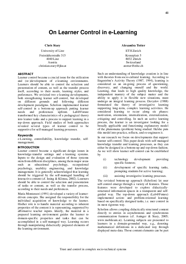 (PDF) Learner Control in E-Learning Environments