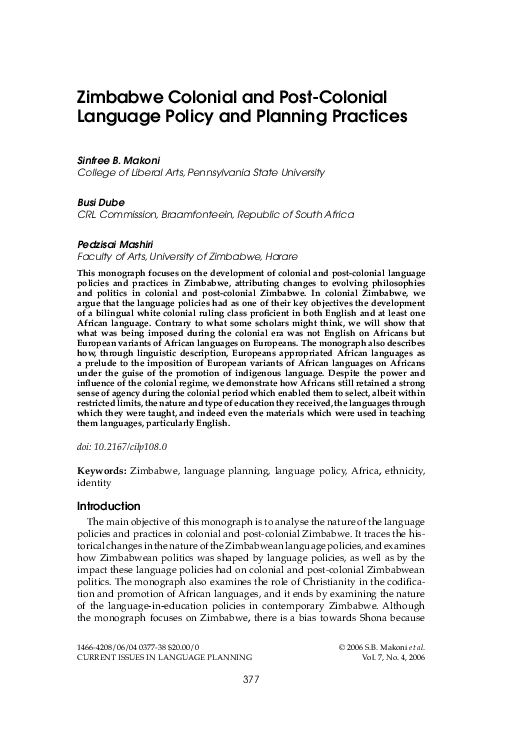 (PDF) Zimbabwe Colonial and Post-Colonial Language Policy and Planning ...