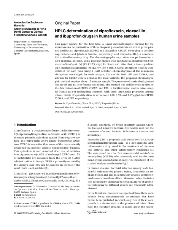 (PDF) HPLC determination of ciprofloxacin, cloxacillin, and ibuprofen drugs in human urine samples