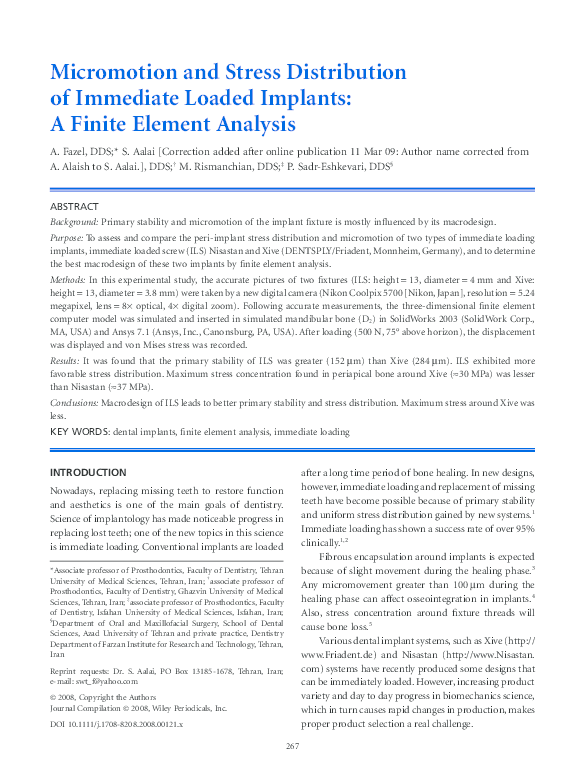 (PDF) Micromotion and Stress Distribution of Immediate Loaded Implants: A Finite Element Analysis