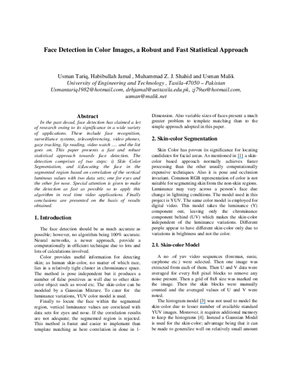 (PDF) Face detection in color images, a robust and fast statistical approach