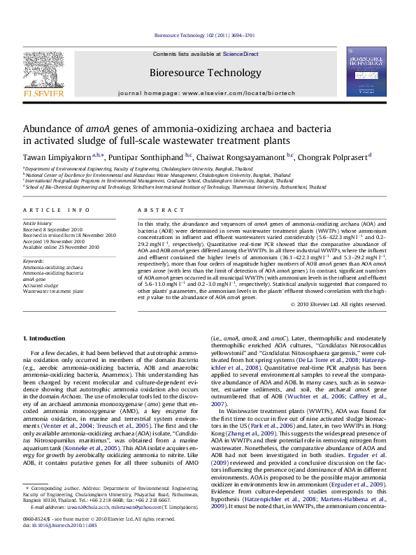 (PDF) Occurrence of Ammonia-Oxidizing Archaea in Wastewater Treatment ...