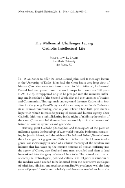 (PDF) The Millennial Challenges Facing Catholic Intellectual Life