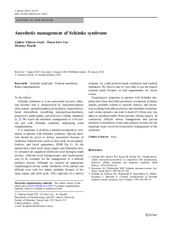 (PDF) Anesthetic management of Schimke syndrome